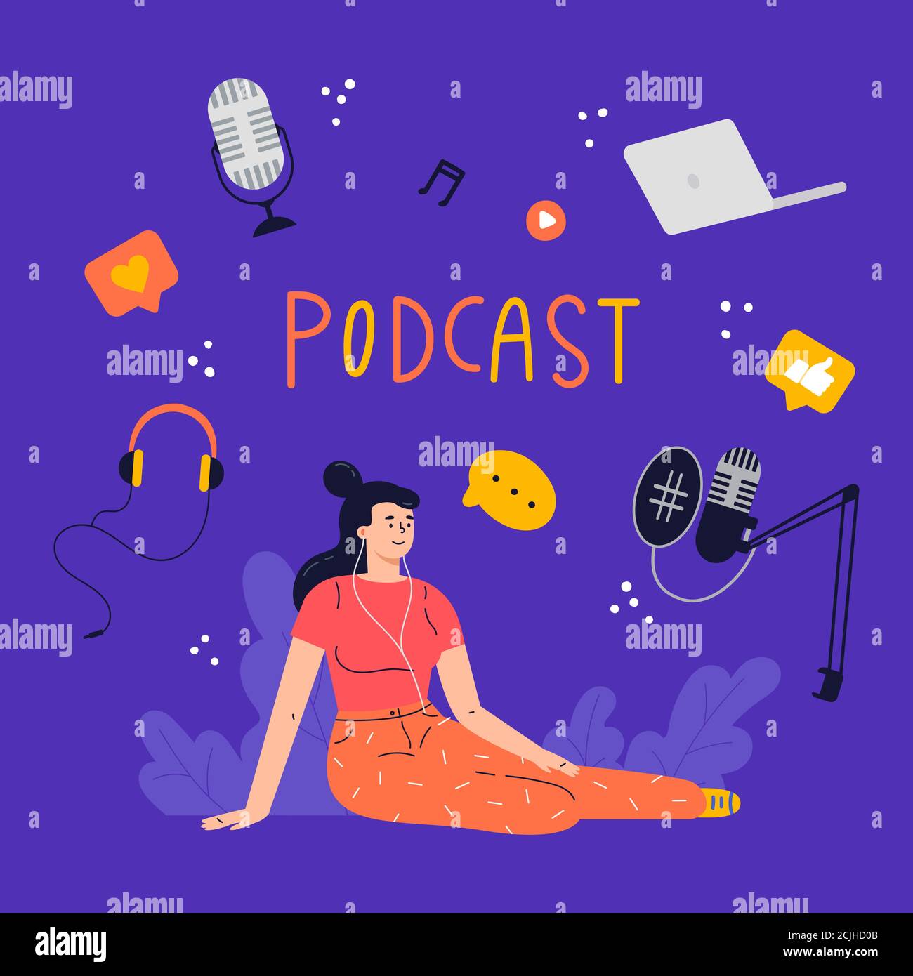 Podcast microphone laptop woman Stock Vector Images - Alamy