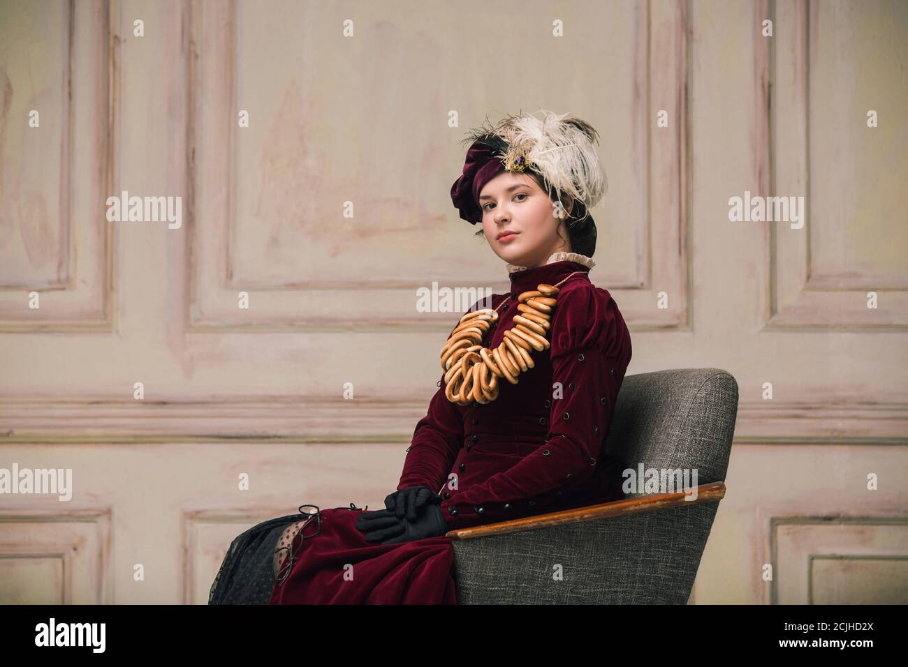 Bagels. Modern trendy look of Portrait of an Unknown Woman. Retro style ...