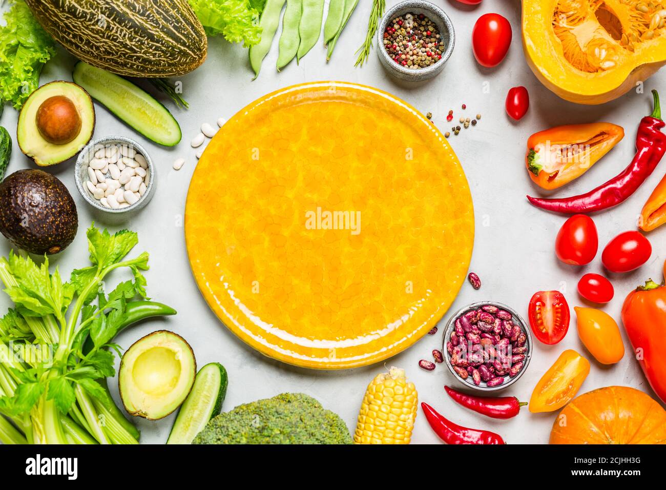 Food Frame. Fresh Vegetables and Yellow Ceramic Plate. Menu design ...