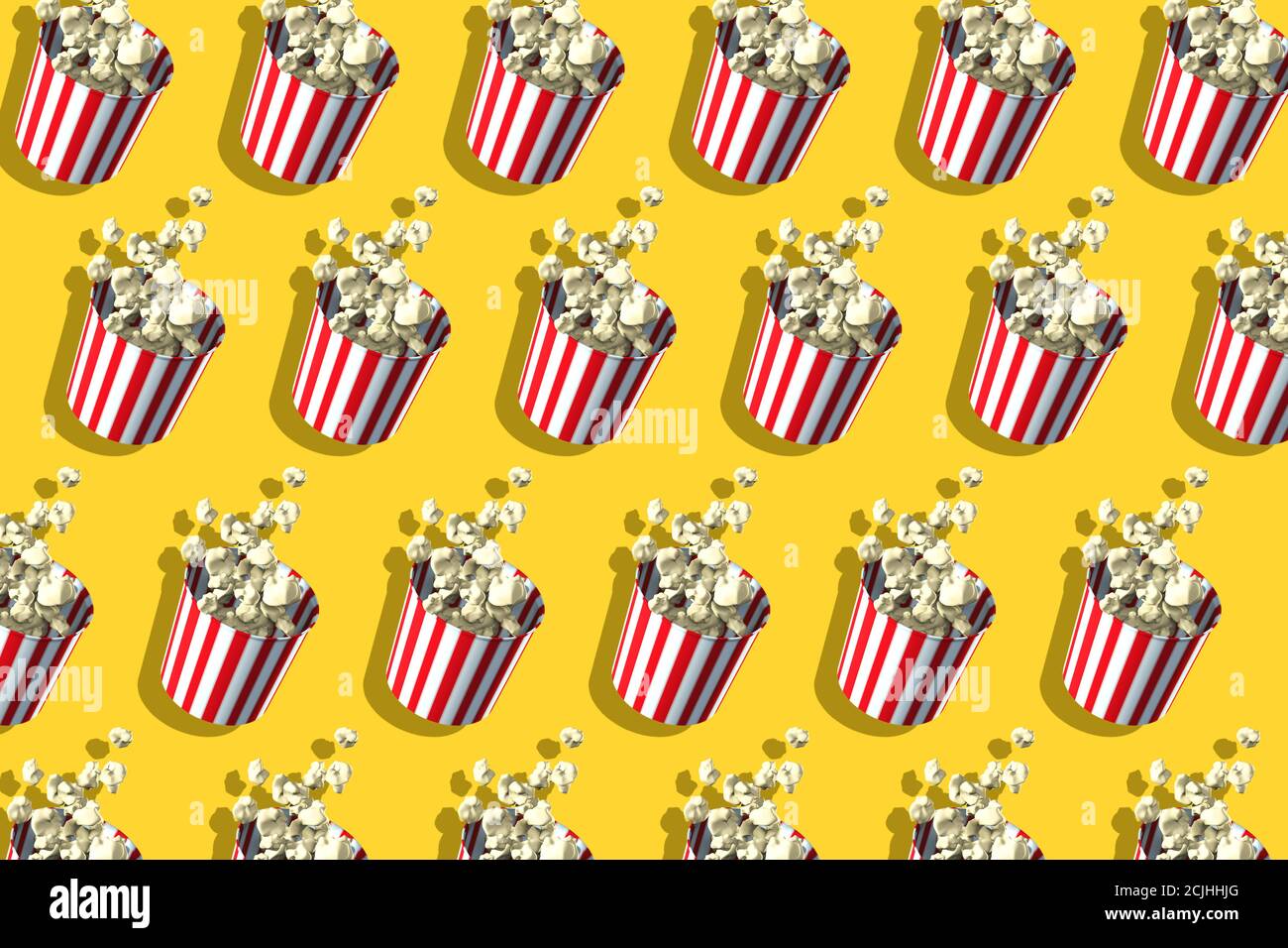 3d render Pattern of popcorn retro boxes on yellow background. Harsh ...