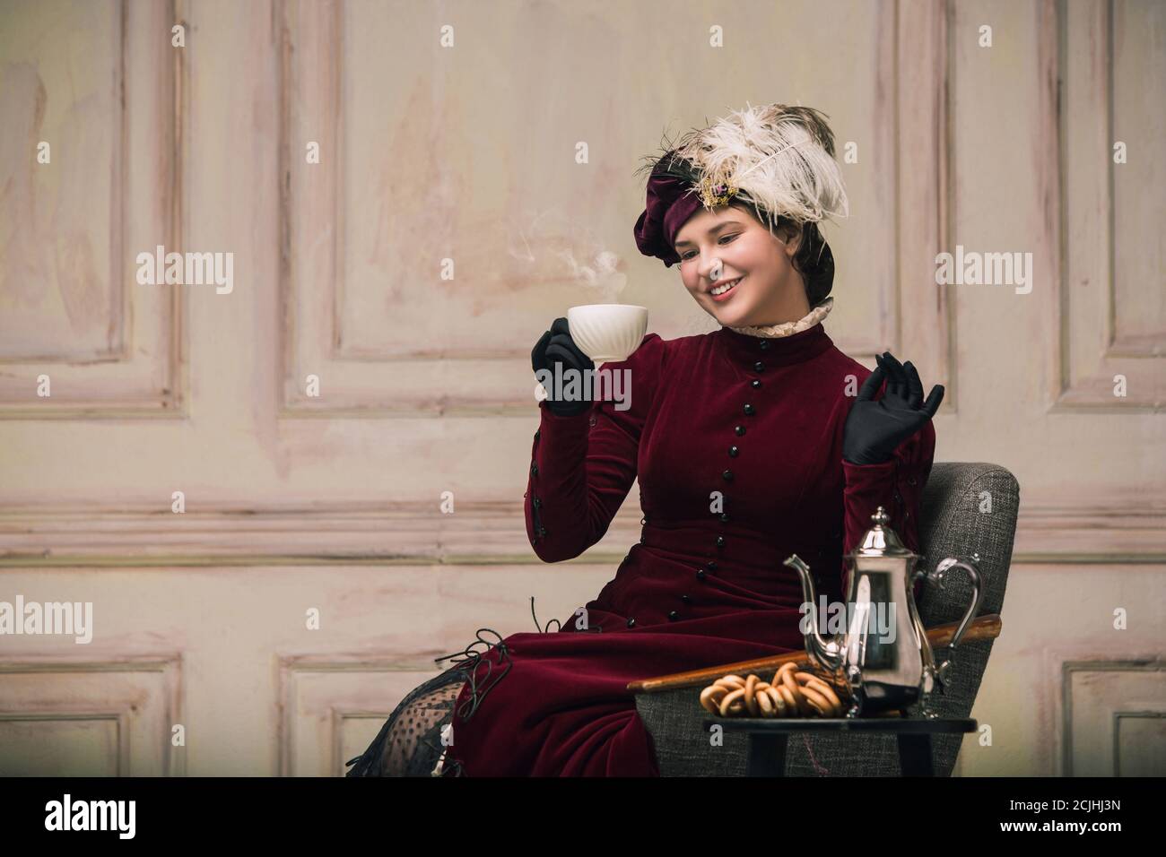 Tea break in evening. Modern trendy look of Portrait of an Unknown ...