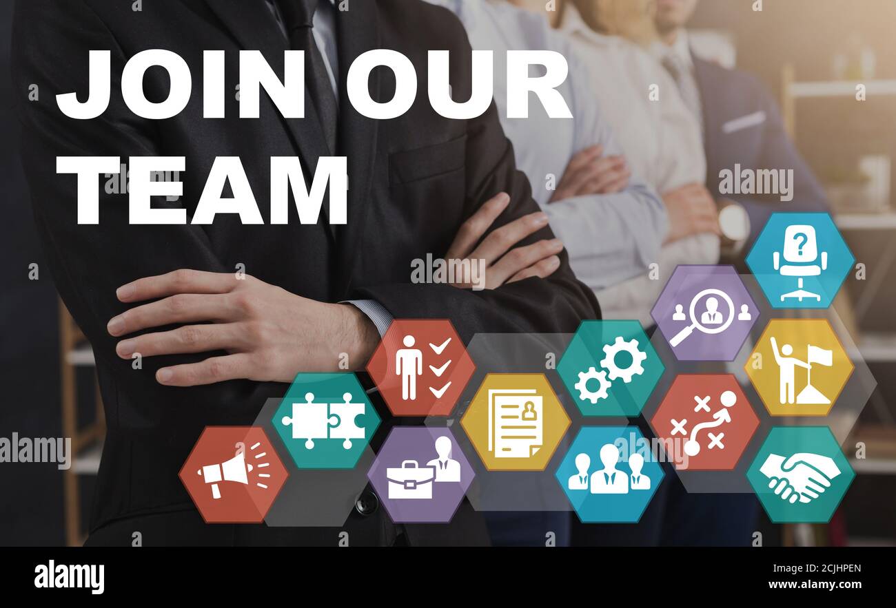 Business team standing with crossed hands in office. Join our team ...