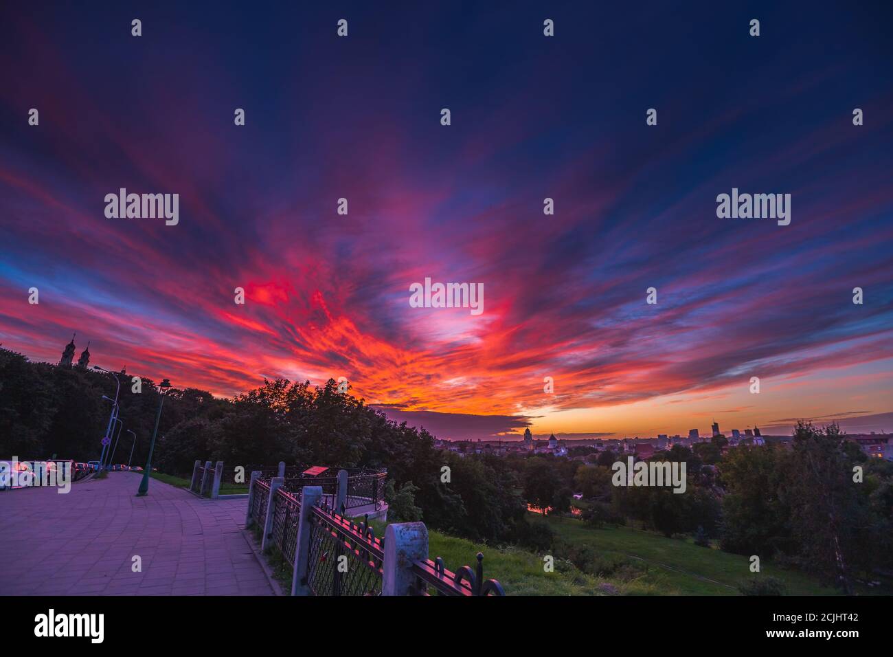 Vilnius City, red evening sunset panorama in the capital of Lithuania ...