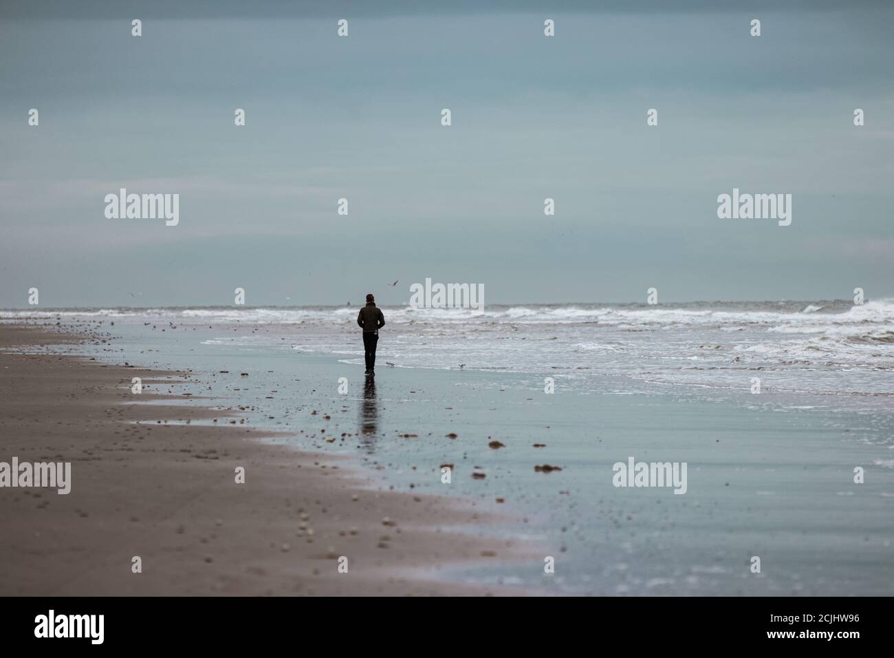 Man walking alone on a dreary beach Stock Photo - Alamy