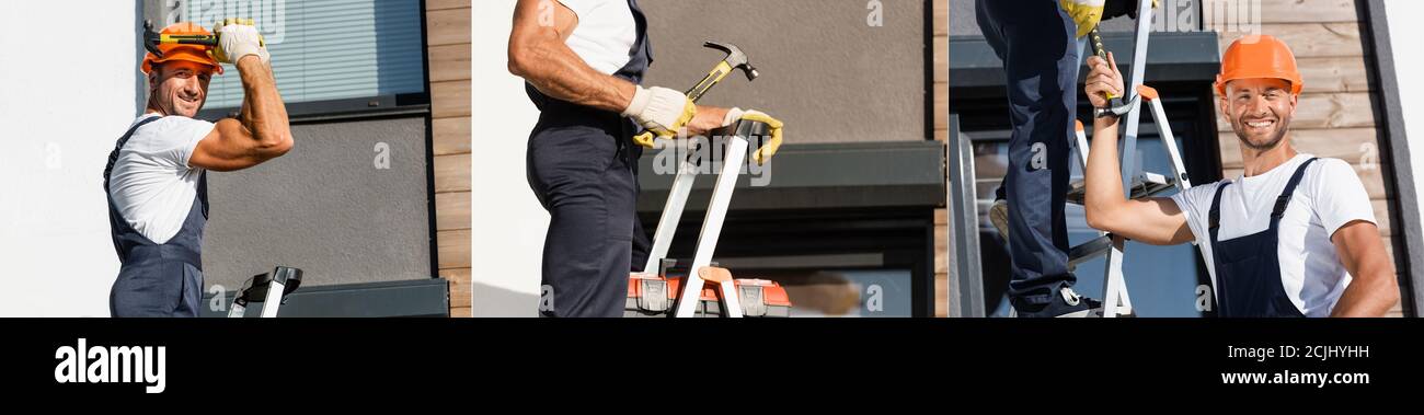 Collage of builders in overalls with hammer and ladder working near ...