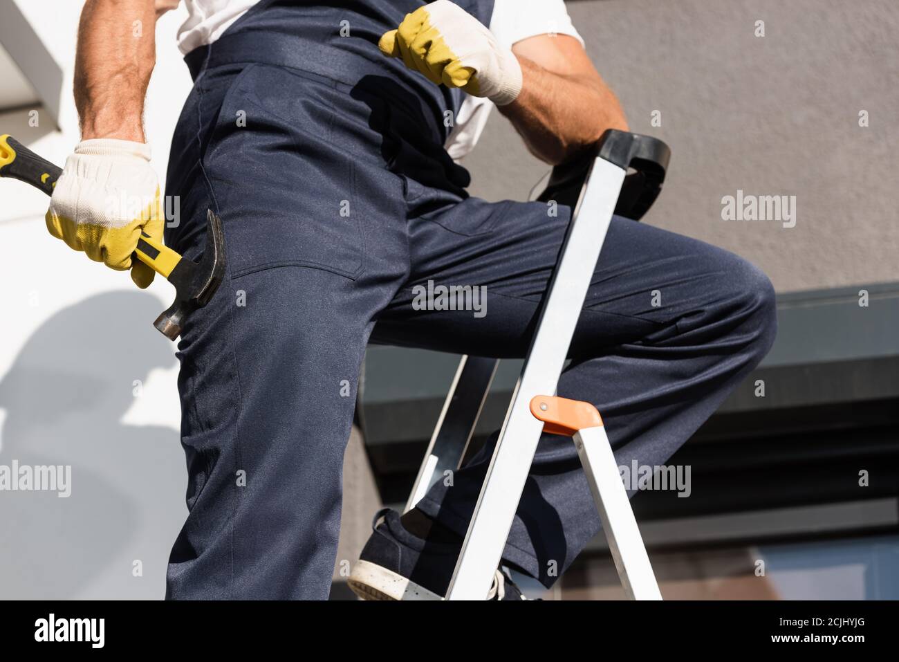 Cropped view of builder holding hammer while standing on ladder ...