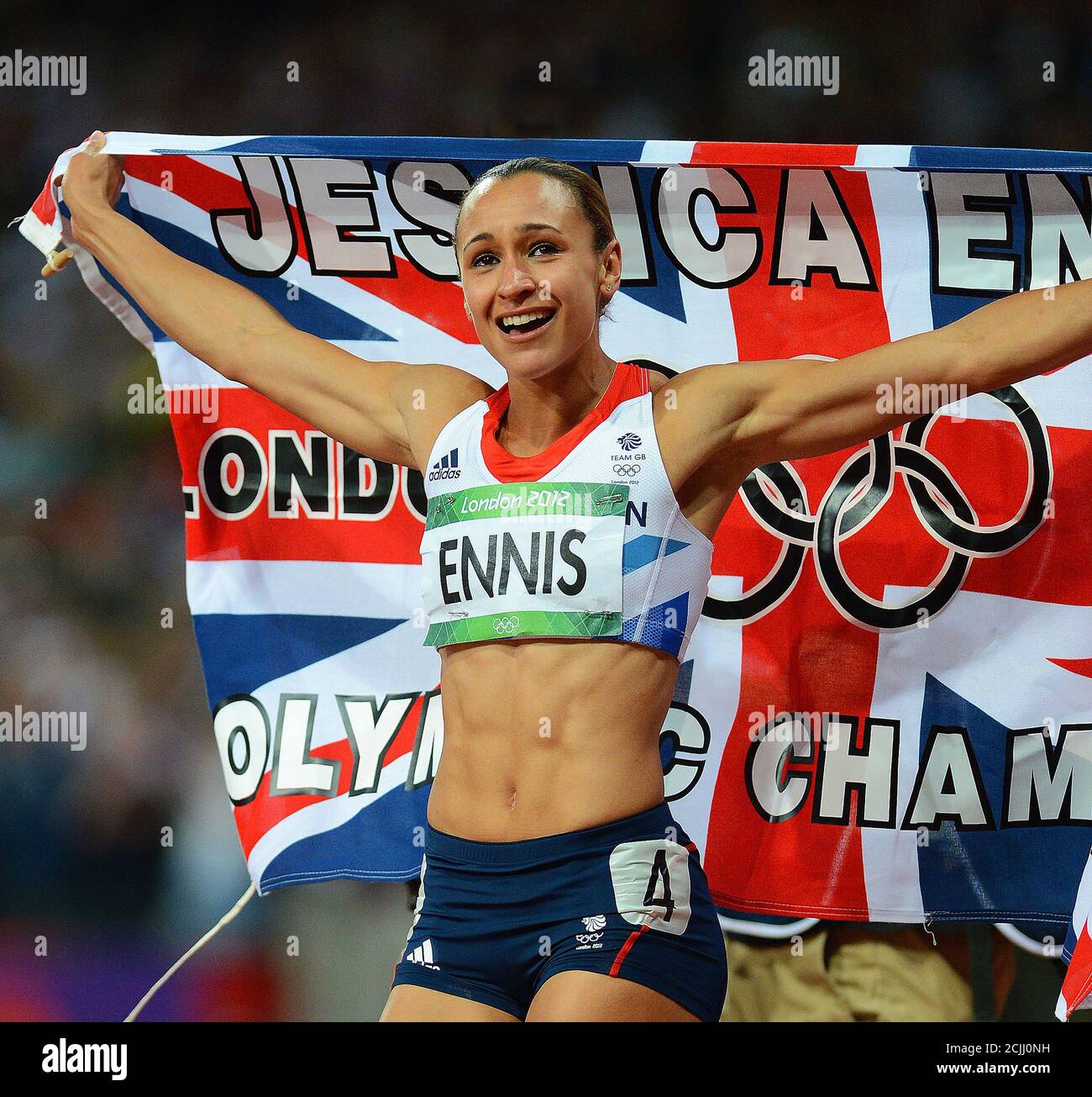 Jessica Ennis of Great Britain celebrates winning the Gold medal in the ...