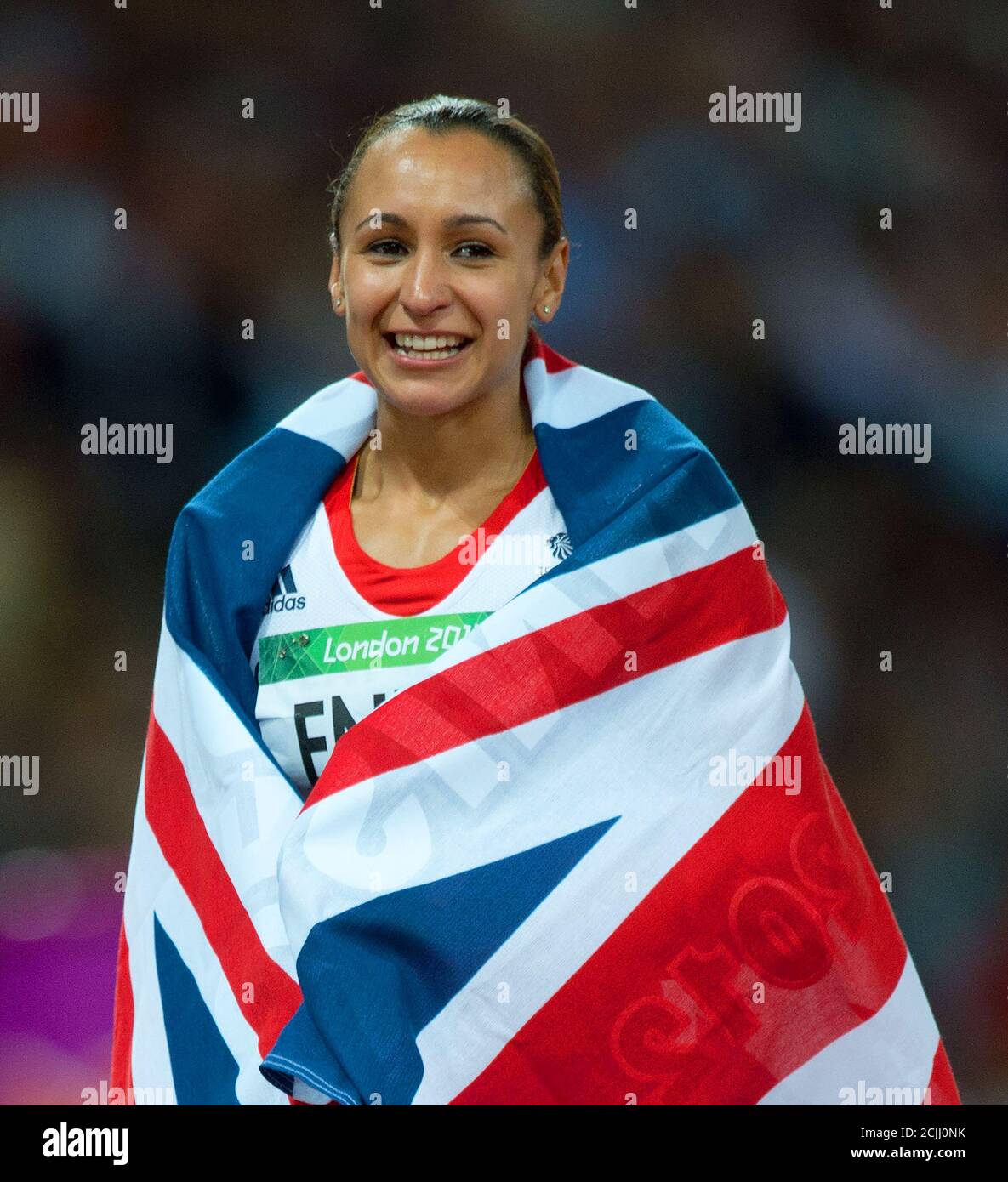 Jessica Ennis of Great Britain celebrates winning the Gold medal in the ...