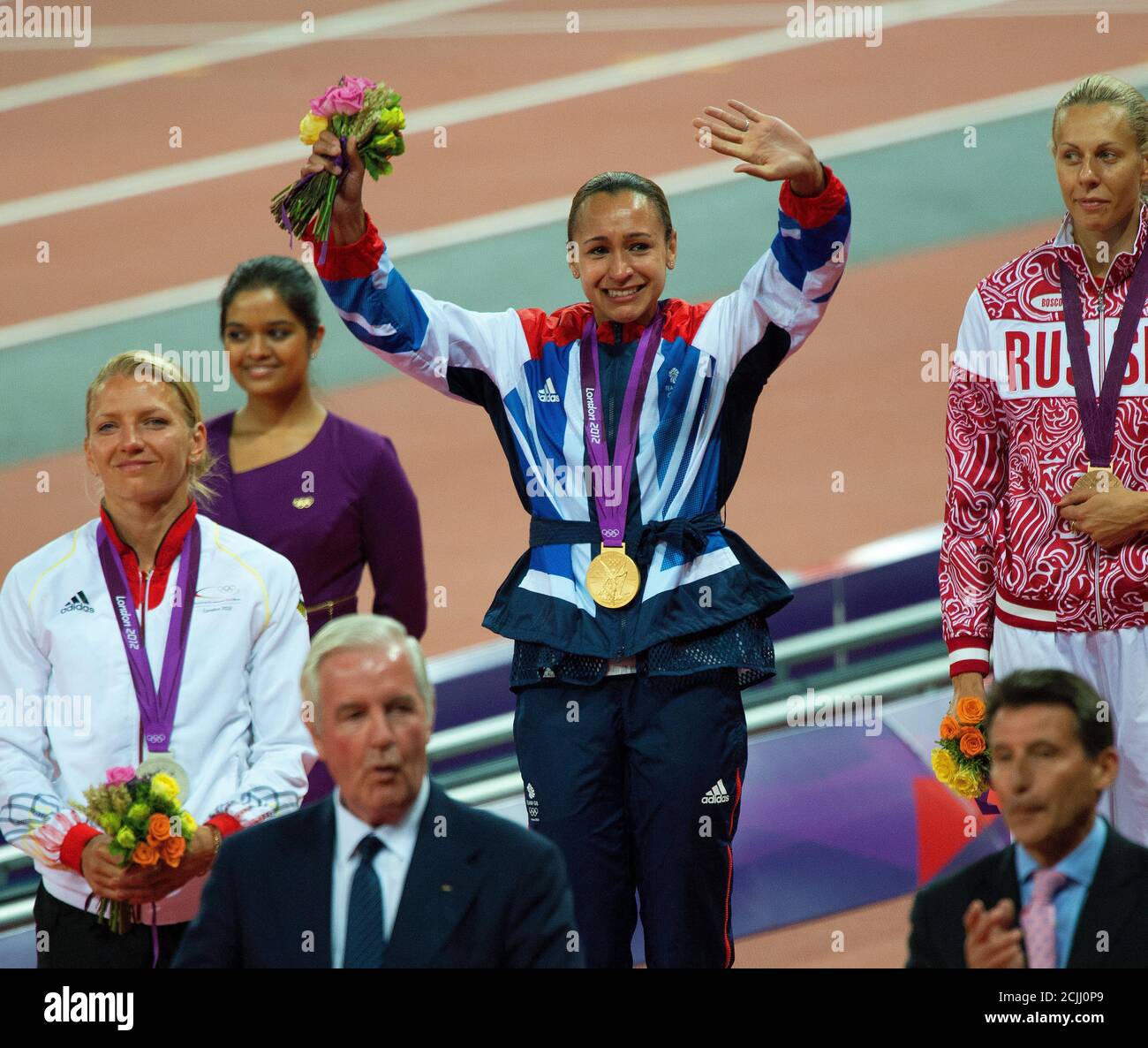 Jessica Ennis of Great Britain celebrates winning the Gold medal in the ...