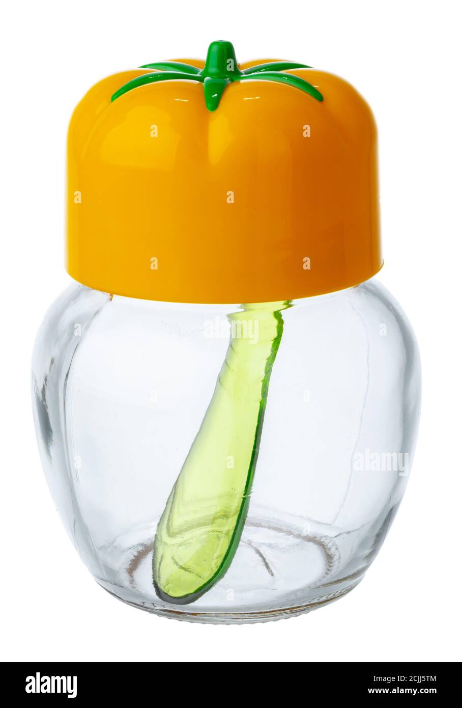 Empty salt shaker with tomato lid isolated on white Stock Photo - Alamy