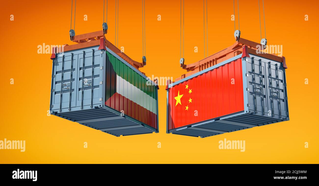 Shipping containers with Kuwait and China national flags. 3D Rendering ...