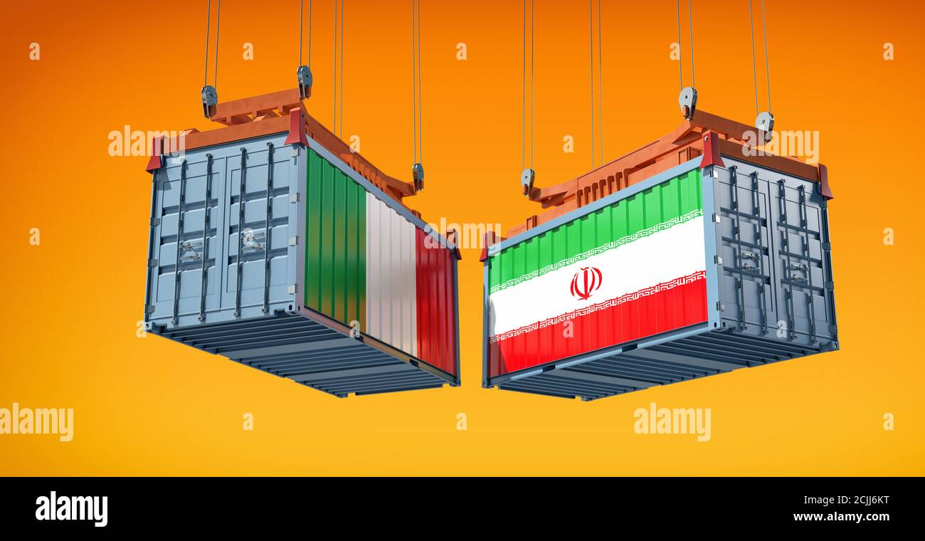 Shipping containers with Italy and Iran national flags. 3D Rendering ...