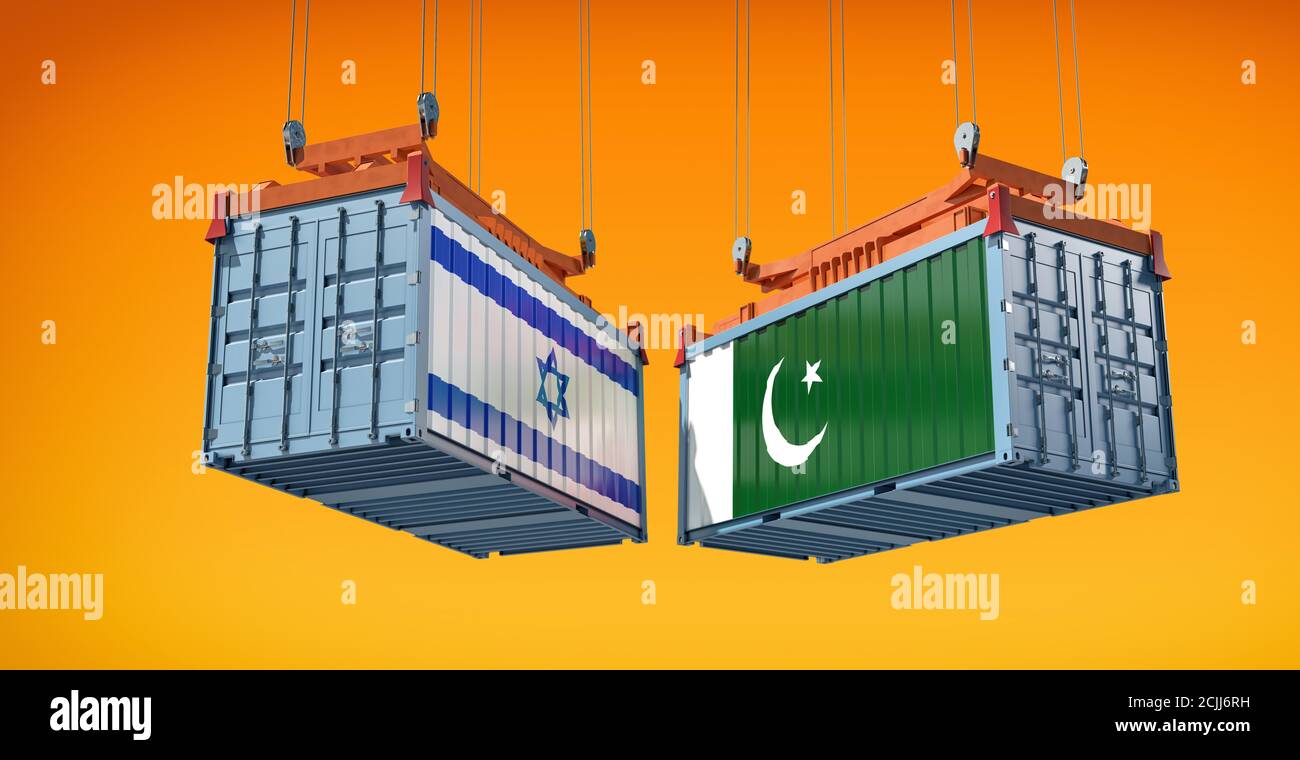 Shipping containers with Israel and Pakistan national flags. 3D ...