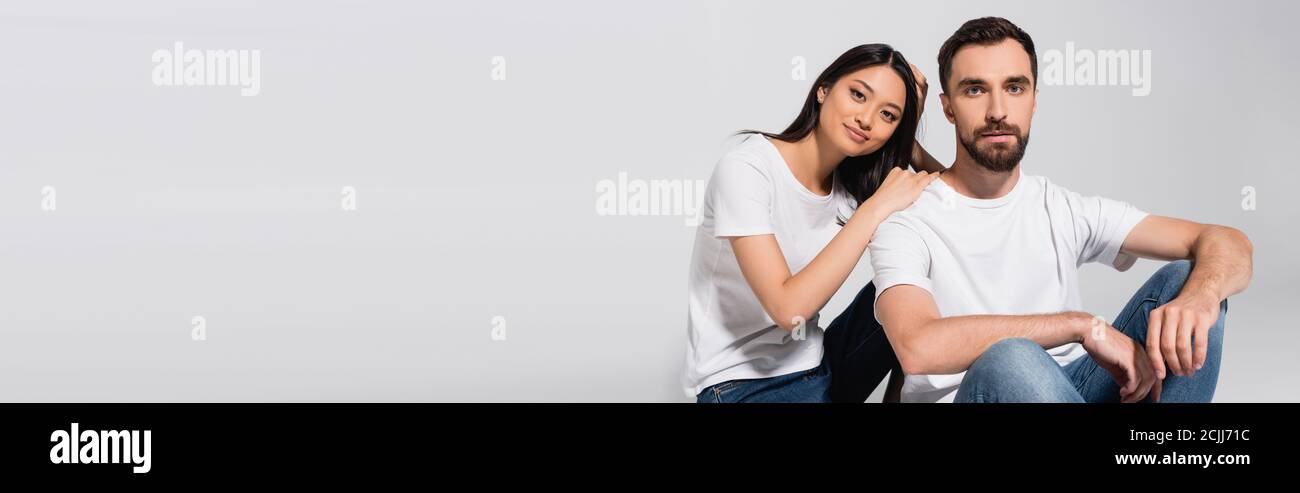 horizontal concept of asian woman leaning on shoulder of boyfriend ...