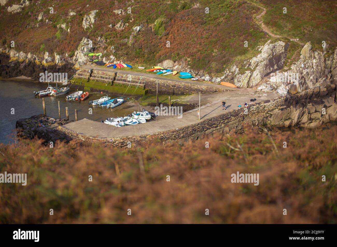 Landscape view from high above of boats at Porthclais estuary at St ...