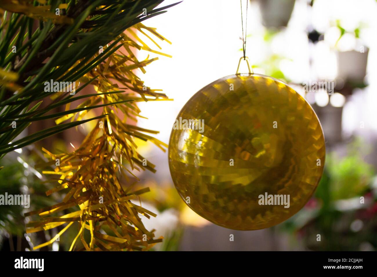 Close up of yellow bauble hanging from a decorated Christmas tree ...