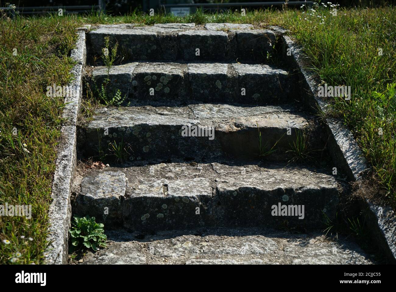 Closeup of a set of stone steps on a sloped field covered with grass ...