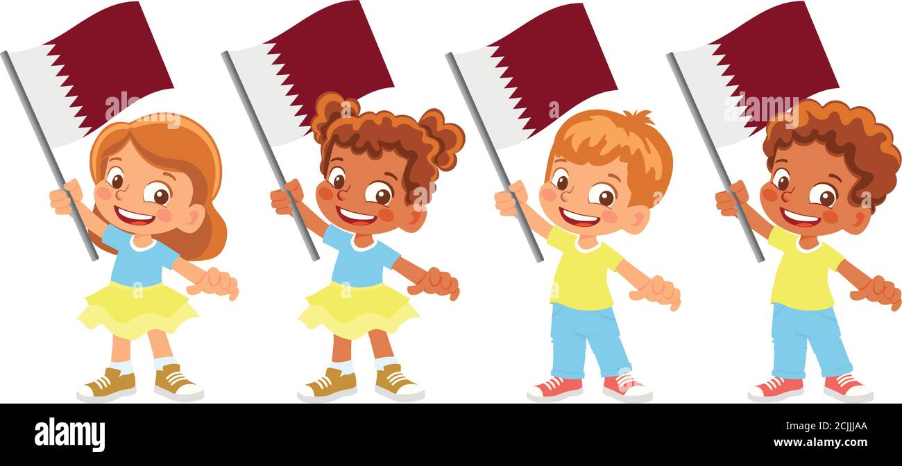 Qatar flag in hand. Children holding flag. National flag of Qatar ...