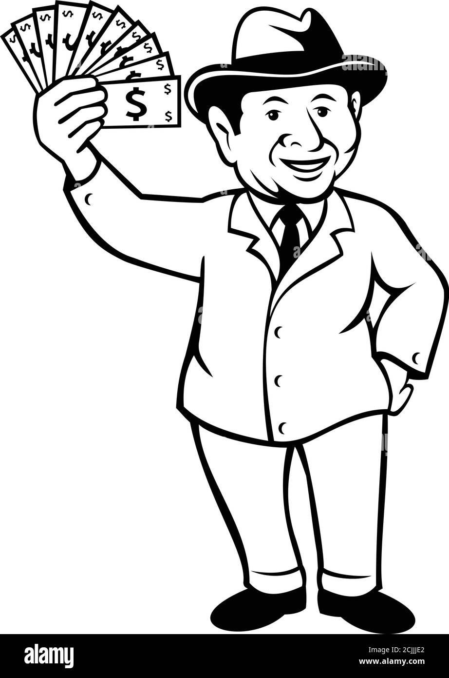 Cartoon style illustration of a vintage businessman with a wad of ...