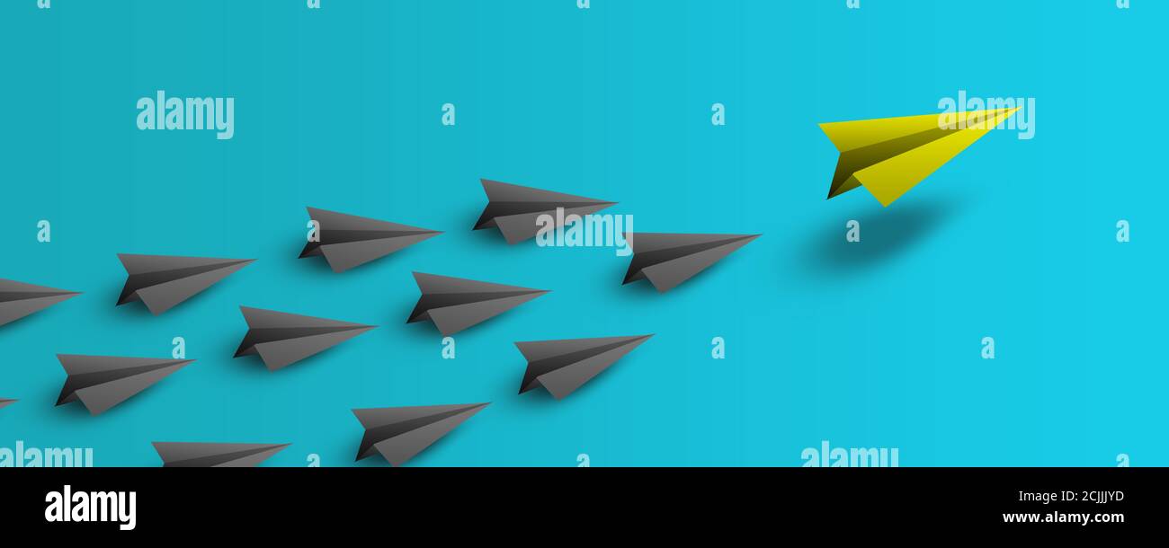 many paper planes on blue horizontal background, flying yellow plane ...