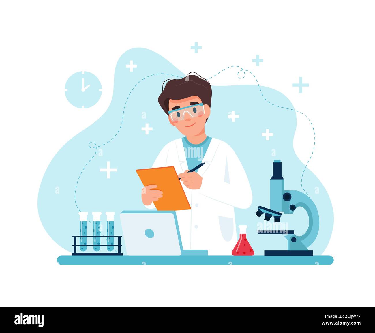 Scientist at work, male character conducting experiments in lab ...