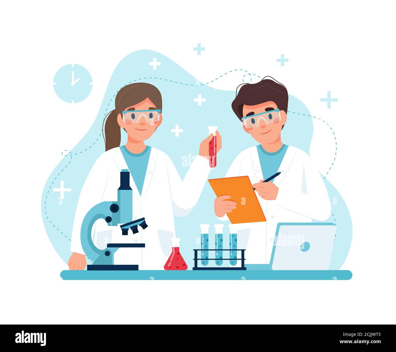 Scientist at work, characters conducting experiments in lab ...