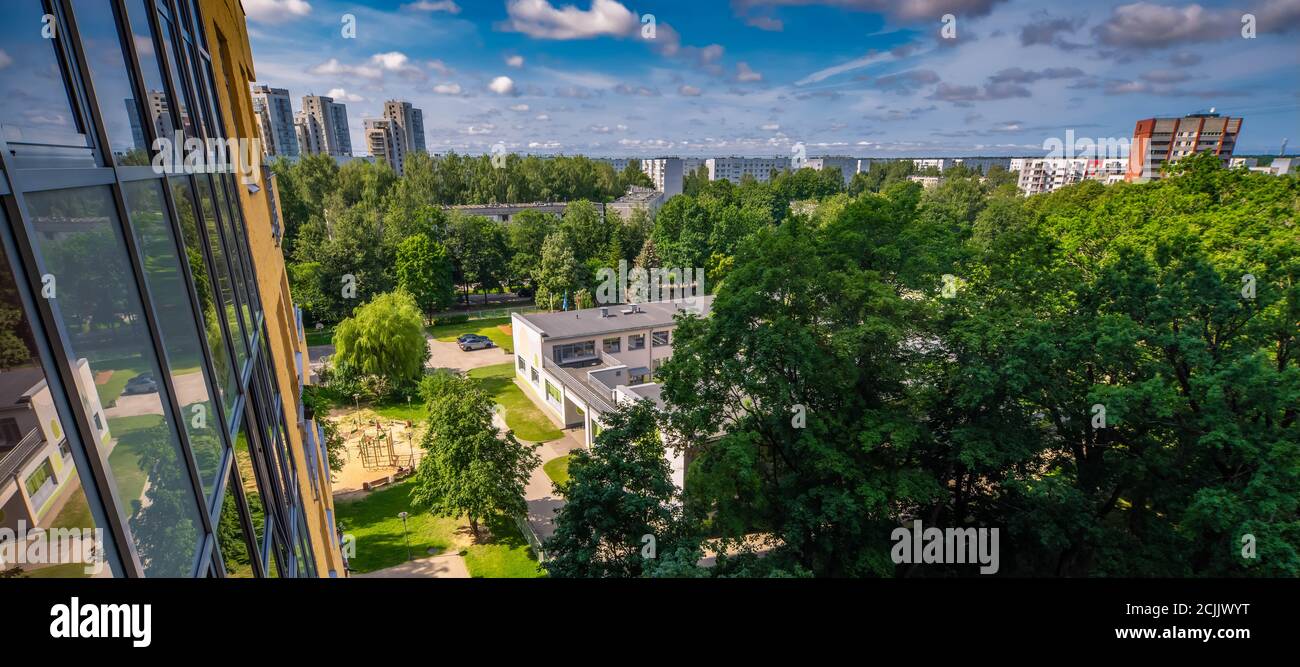 Modern exterior of office building. Glass wall. View from window ...