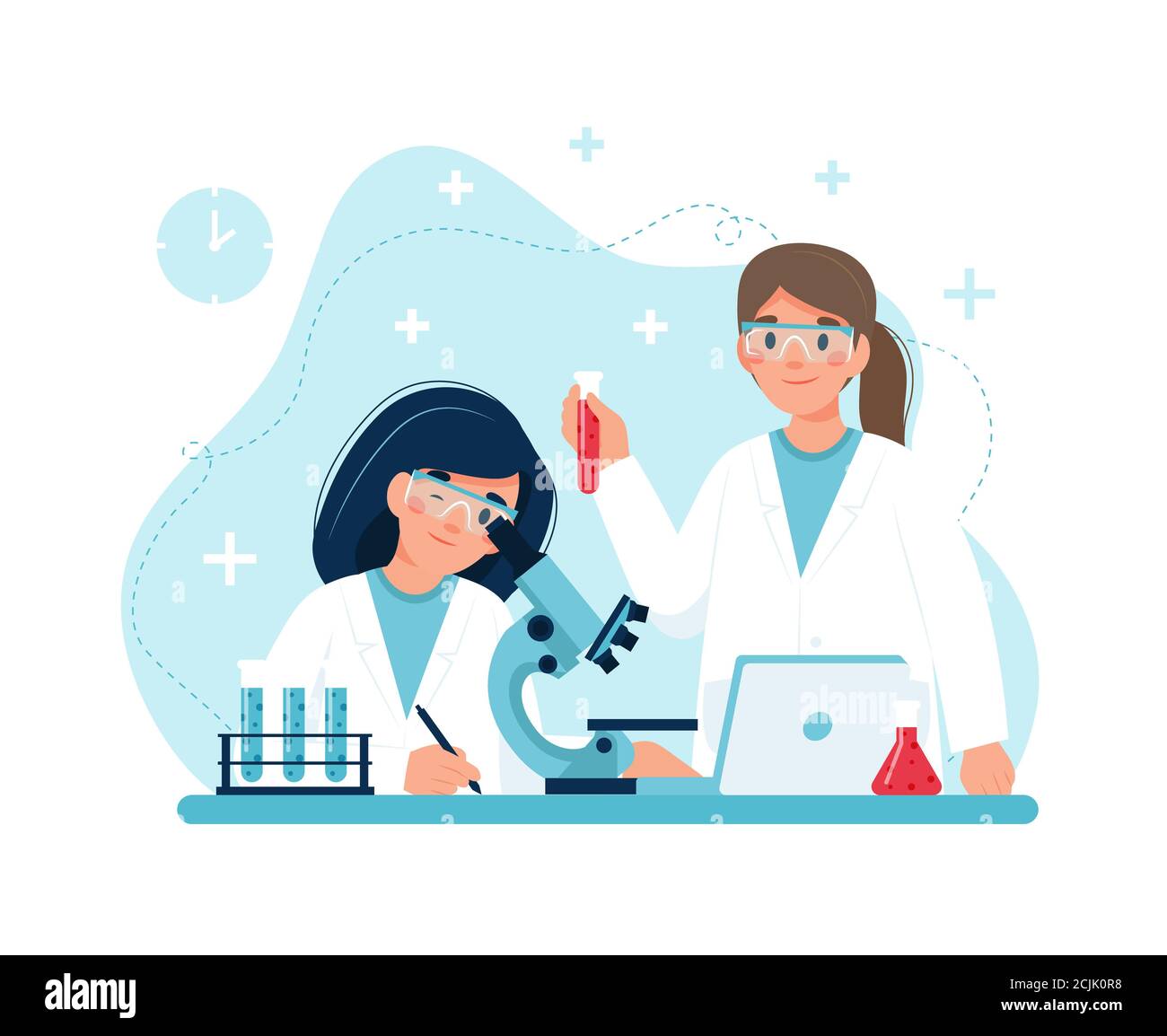 Scientist at work, characters conducting experiments in lab ...