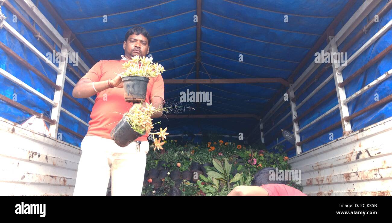 DISTRICT KATNI, INDIA - SEPTEMBER 18, 2019: An indian gardner holding ...