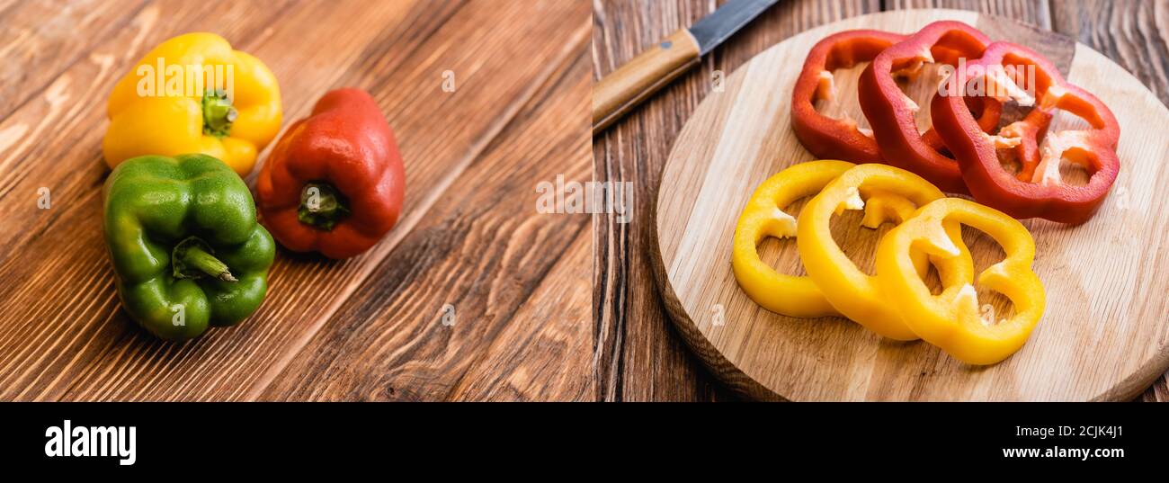 collage of colorful ripe whole and sliced bell peppers on wooden table ...