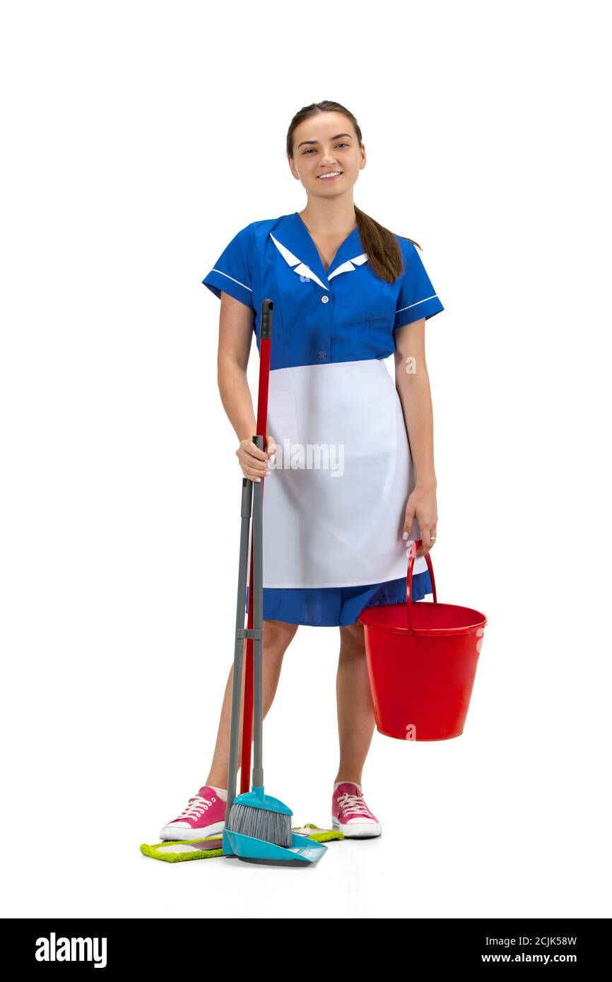Using equipments. Portrait of female made, housemaid, cleaning worker ...