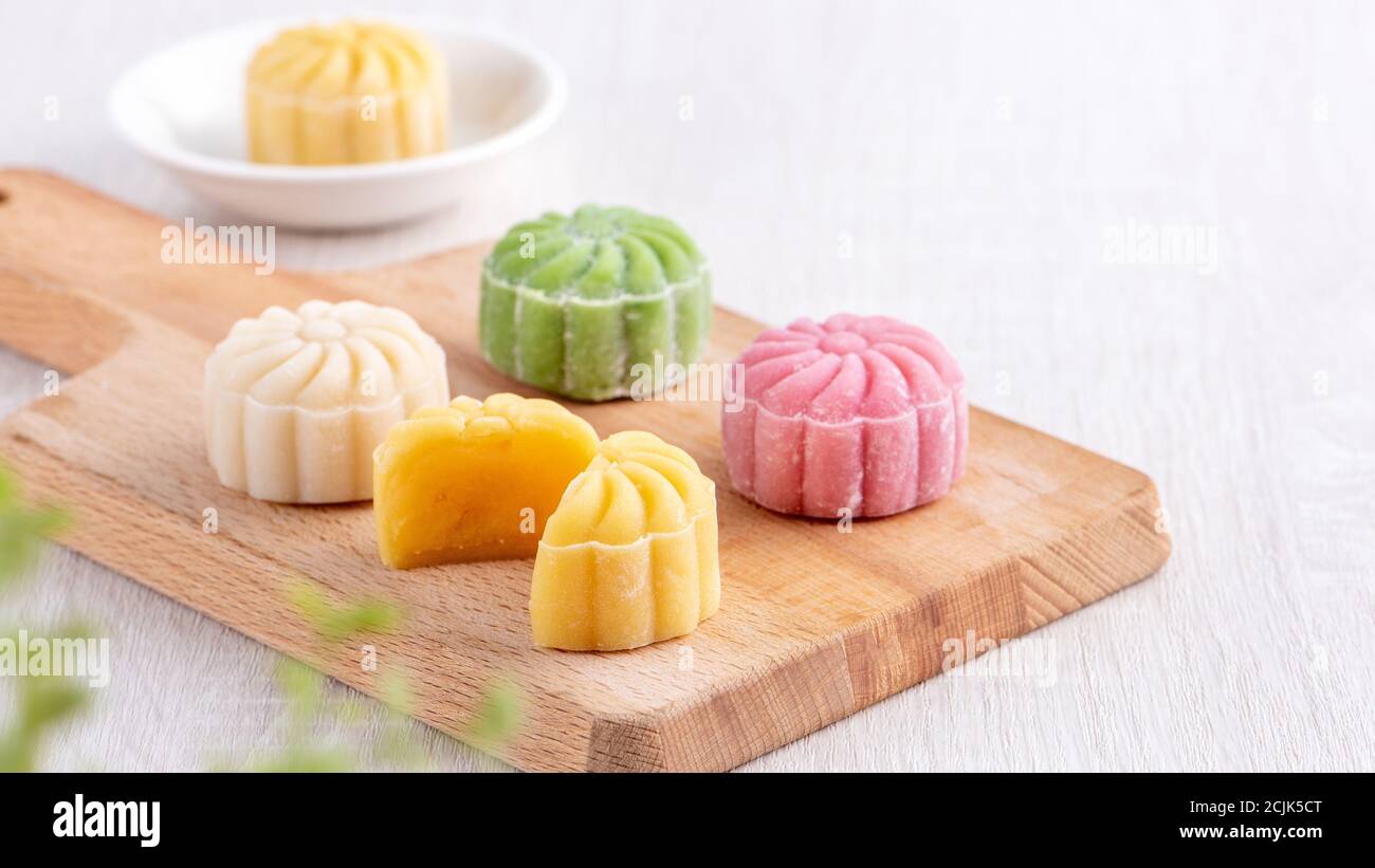 Colorful snow skin moon cake, sweet snowy mooncake, traditional savory ...