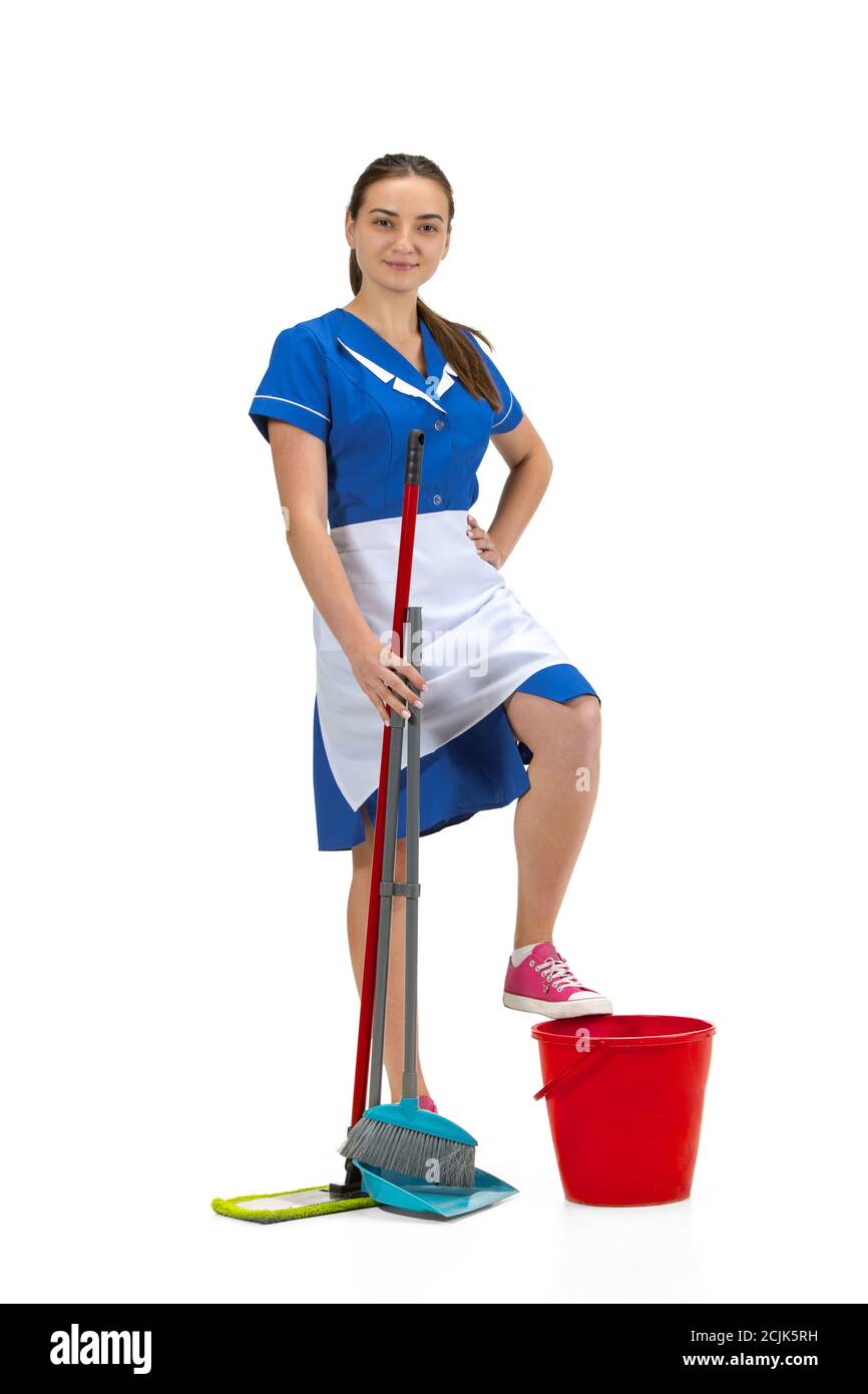 Using equipments. Portrait of female made, housemaid, cleaning worker ...