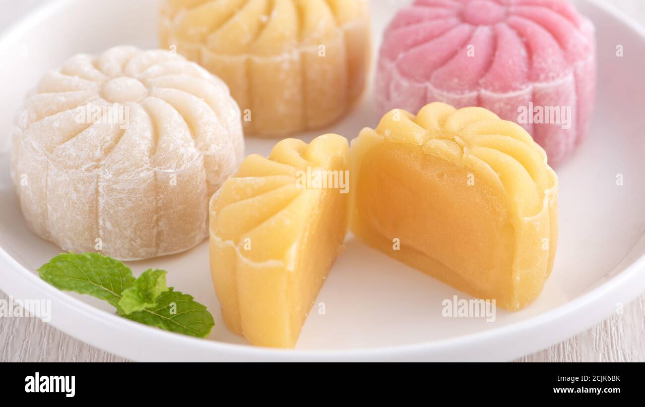 Colorful snow skin moon cake, sweet snowy mooncake, traditional savory ...