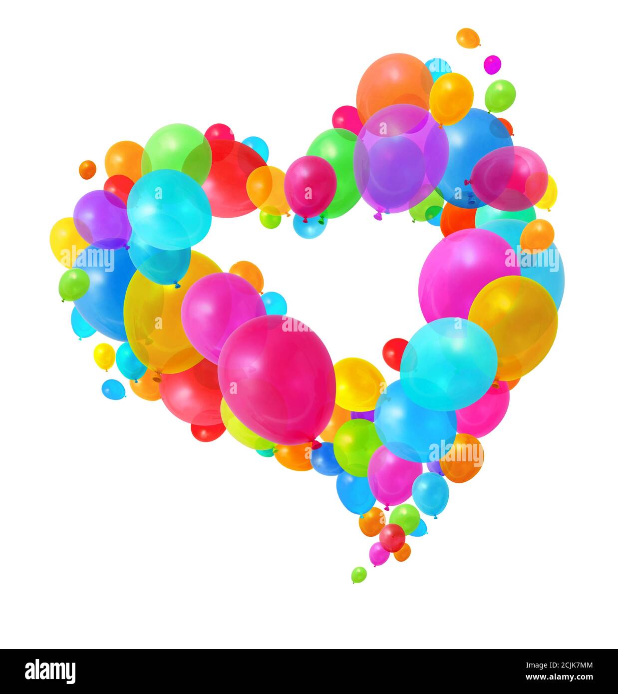 Colorful balloons flying in heart shape formation on white background ...