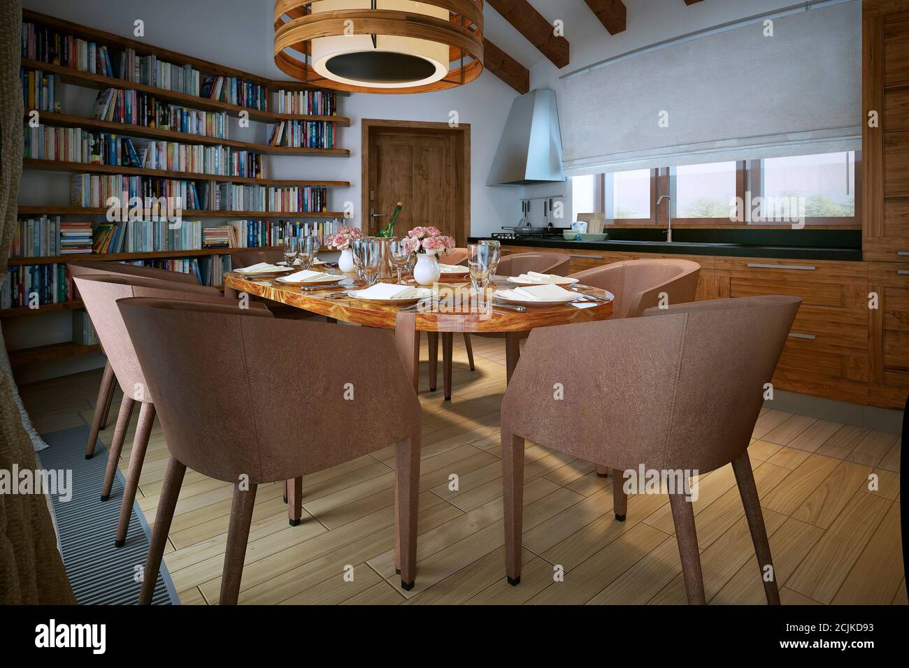 Dining room, loft style, 3d image Stock Photo - Alamy