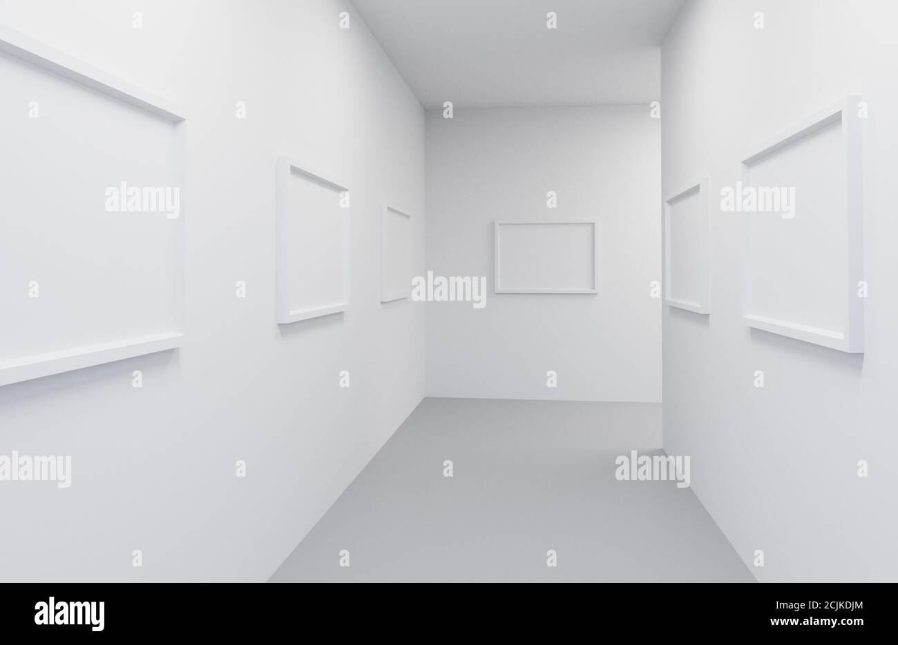 Gallery Interior with empty frames on wall, white corridor. 3d ...