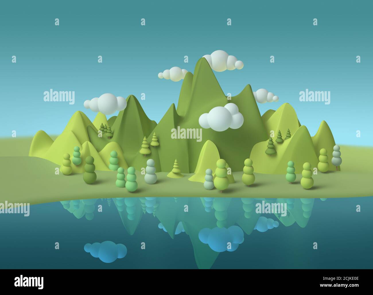Fantasy world dream green mountains blue lake landscape 3d with soft ...