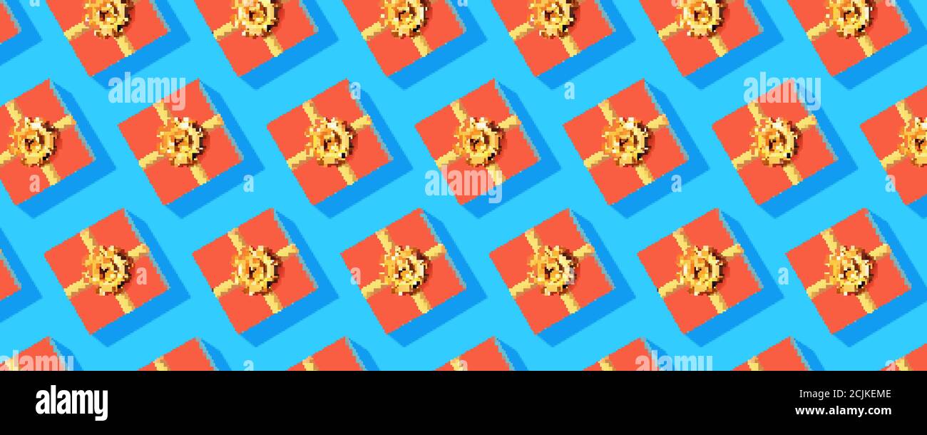 Pattern from gift boxes. Orange present boxes on blue background ...