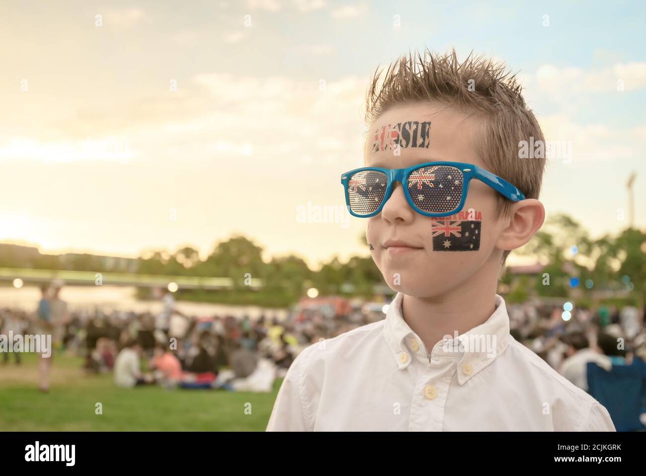 Proud Australian boy celebrating Australia Day in Adelaide city while ...