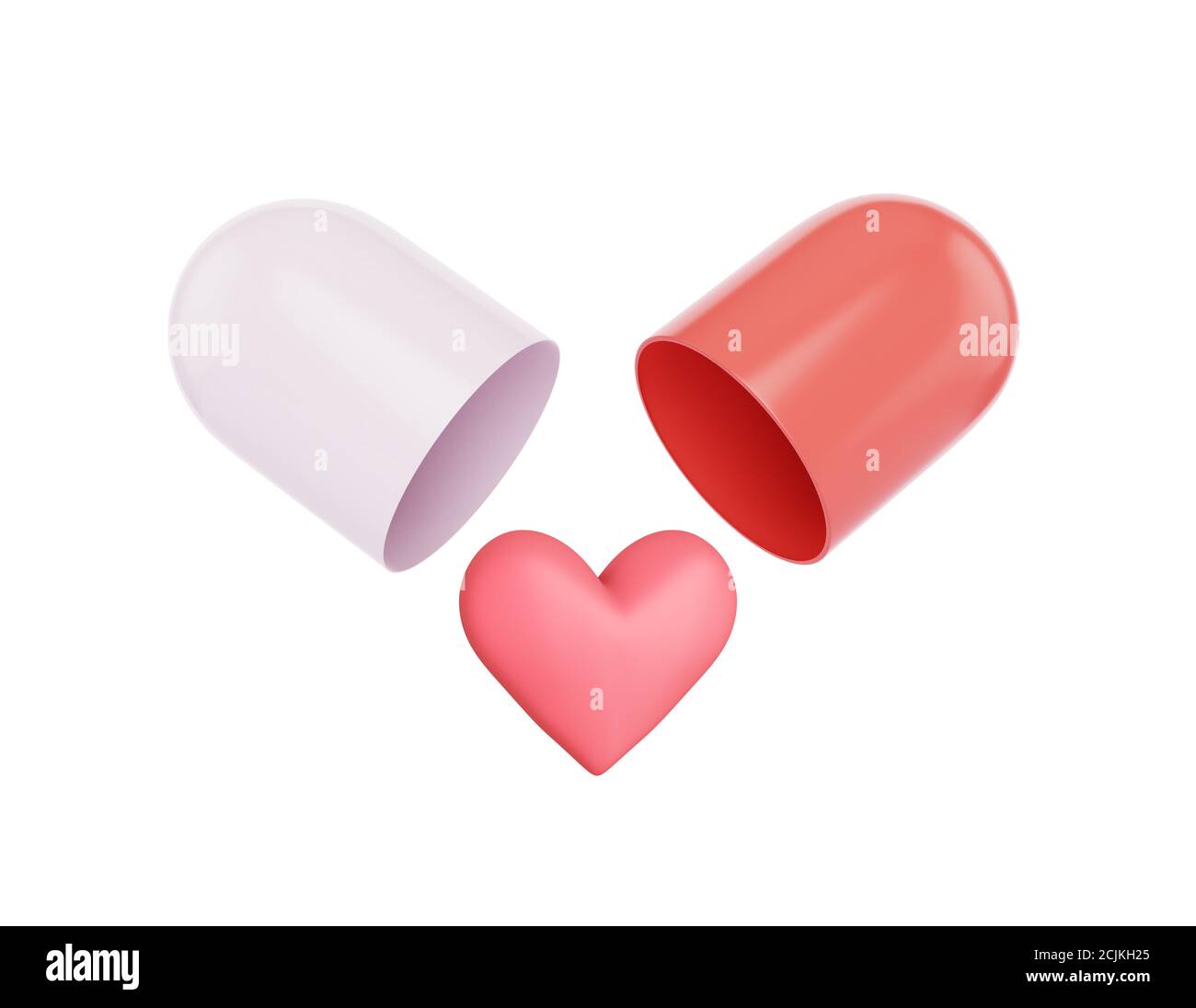 Opened capsule pill with falling red heart isolated on white background ...