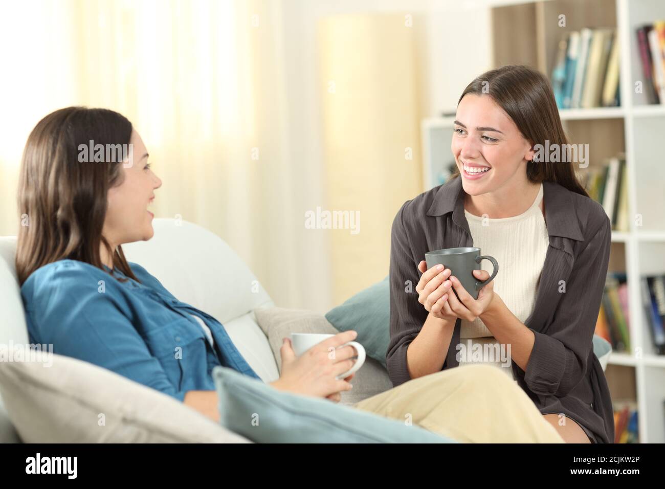 Two happy friends talking sitting on a couch in the living room at home ...