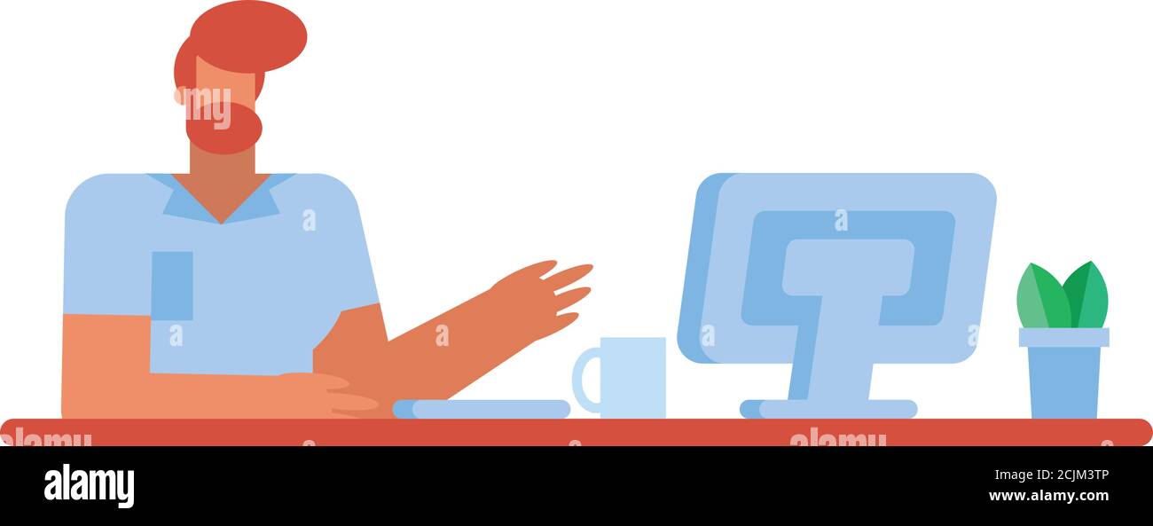 Businessman cartoon with computer at desk design, business and ...