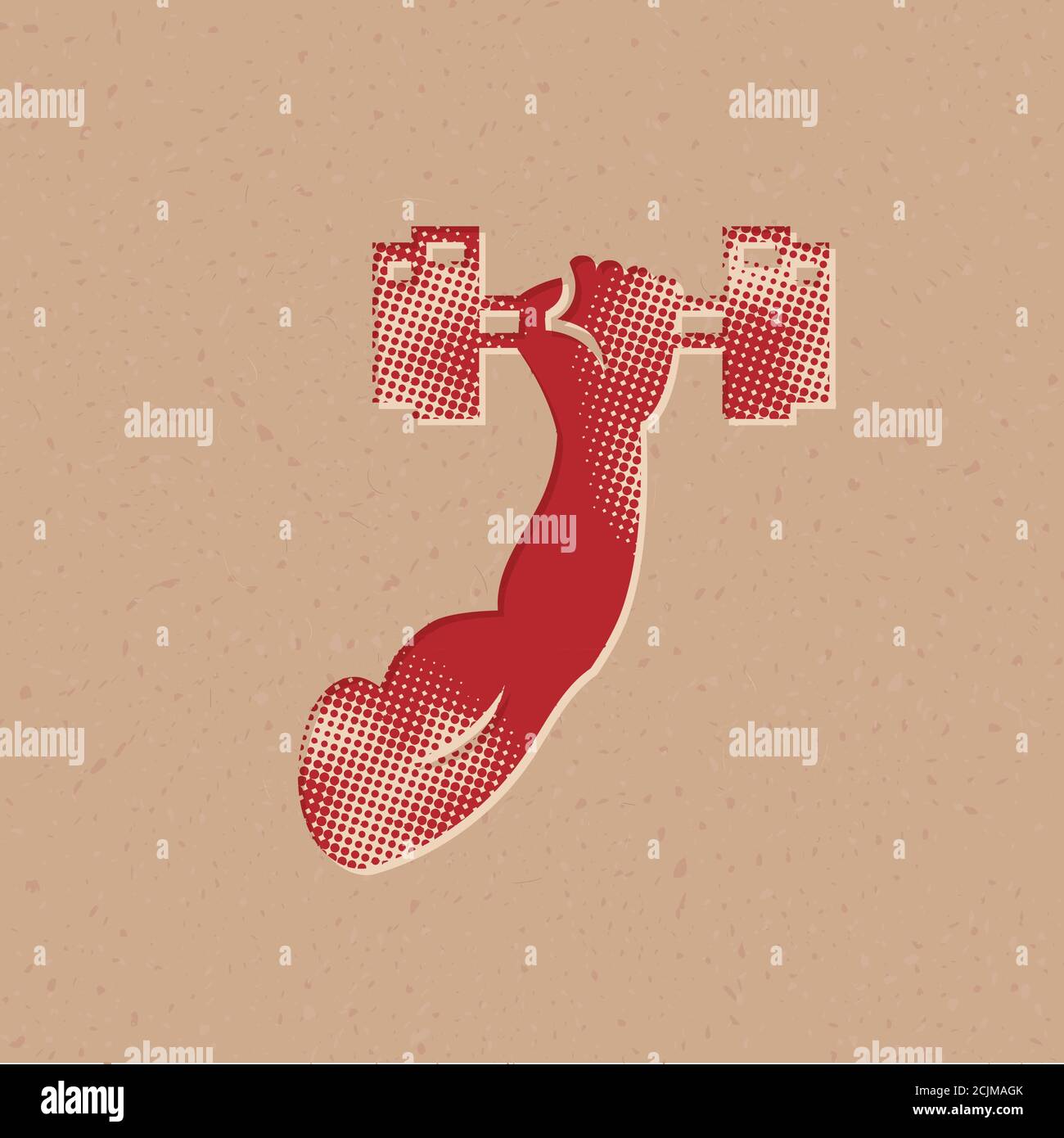 Flexed hand muscle with dumbbell in halftone style. Grunge background ...