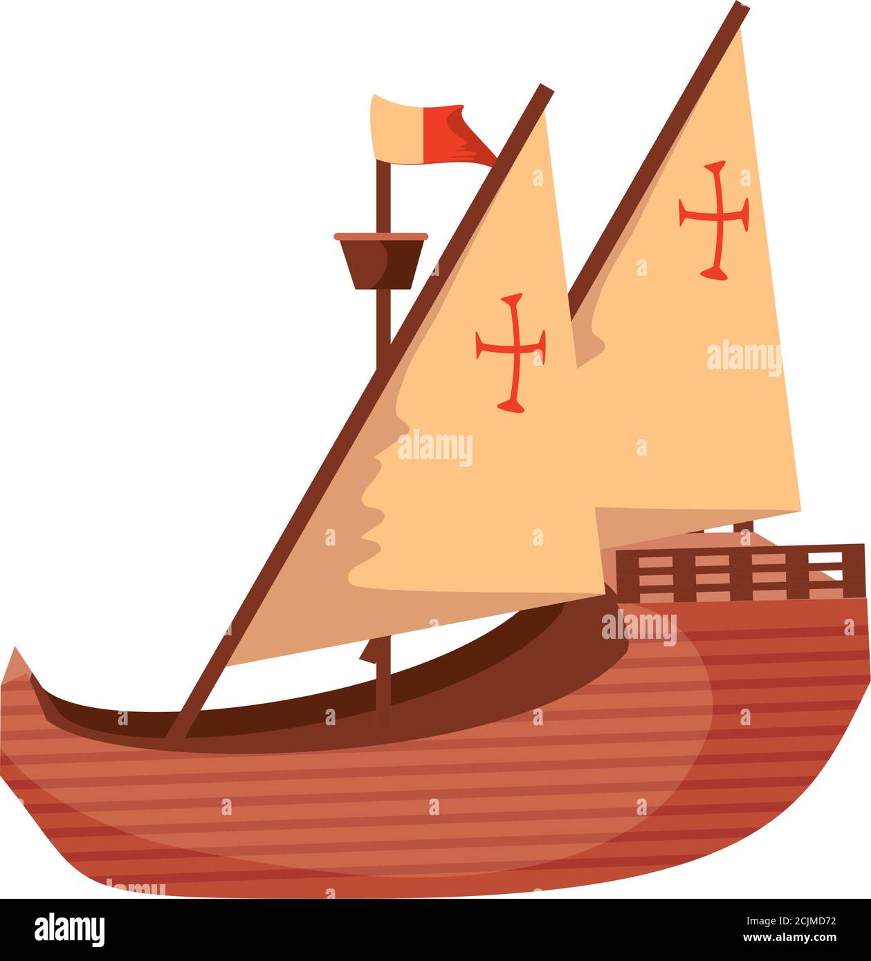 wooden ship with white sails and flag on white background, columbus day ...