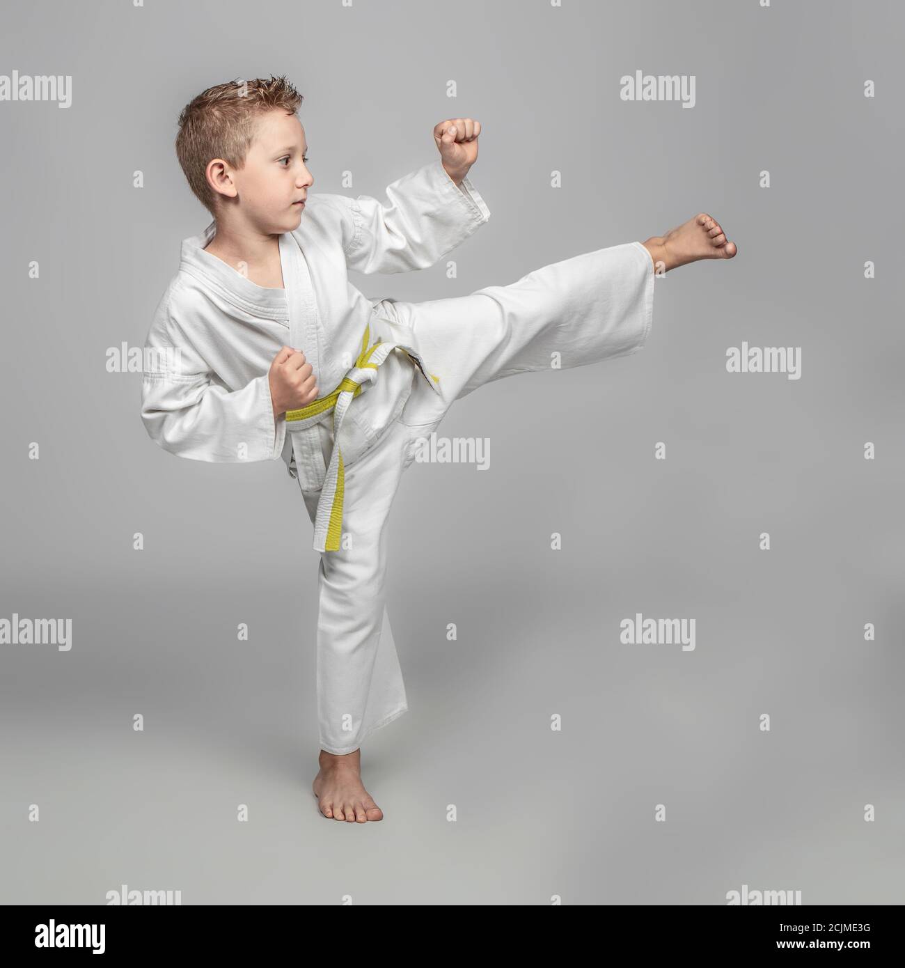 child practicing karate in kick position. studio shot Stock Photo - Alamy
