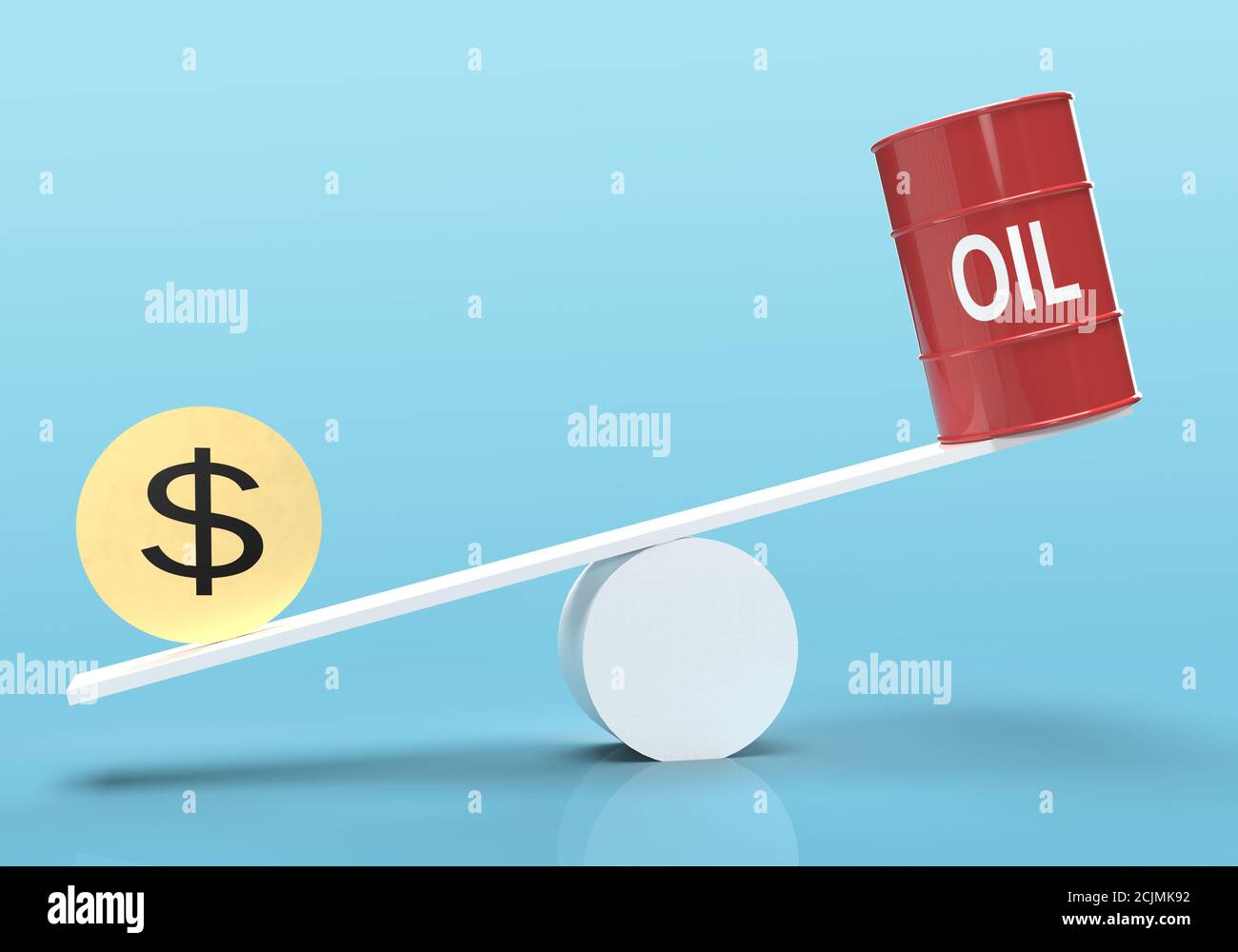 3D rendering of coin with gold dollar coin outbalancing barrel of oil ...