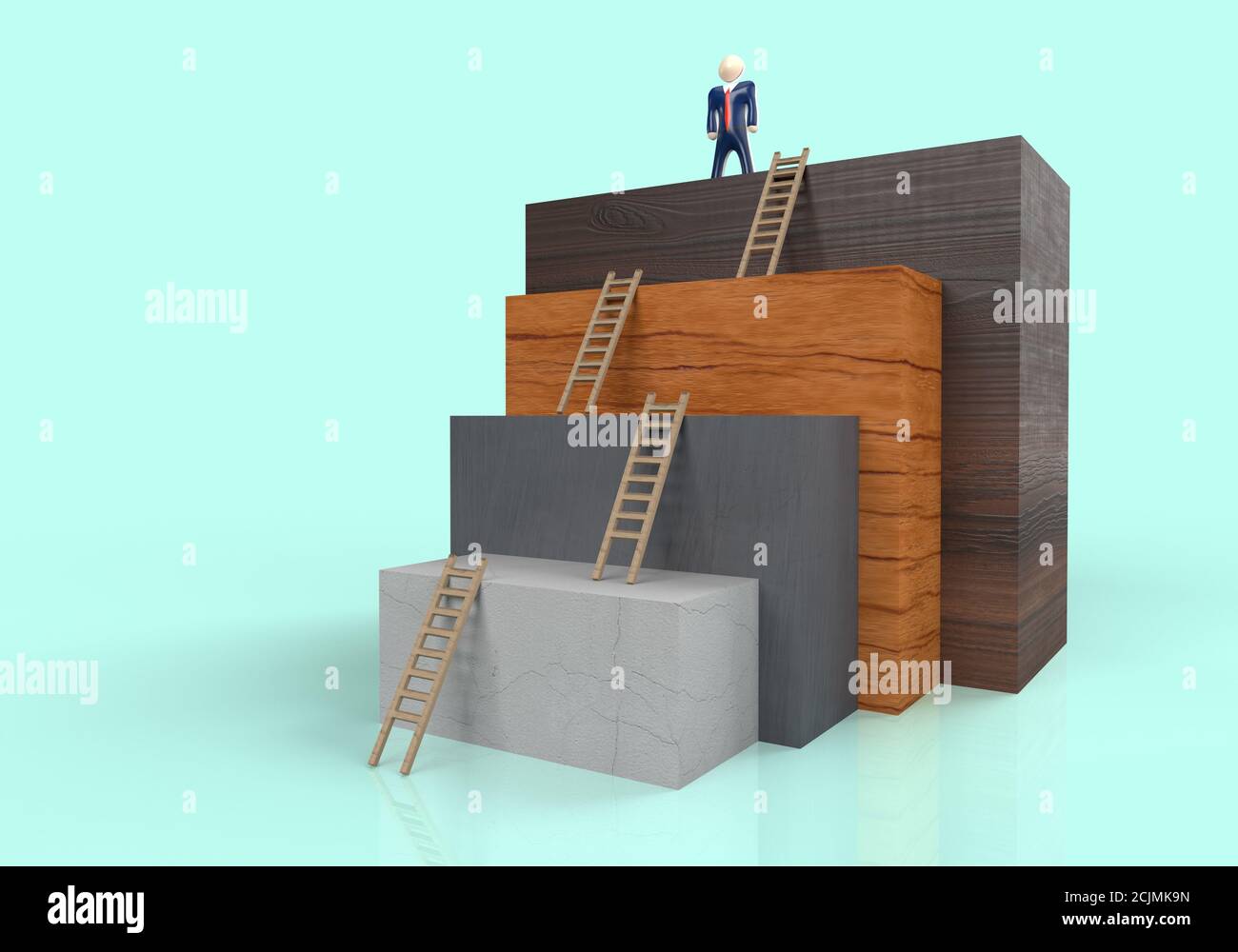 3D rendering of successful executive in suit standing on top of career ...