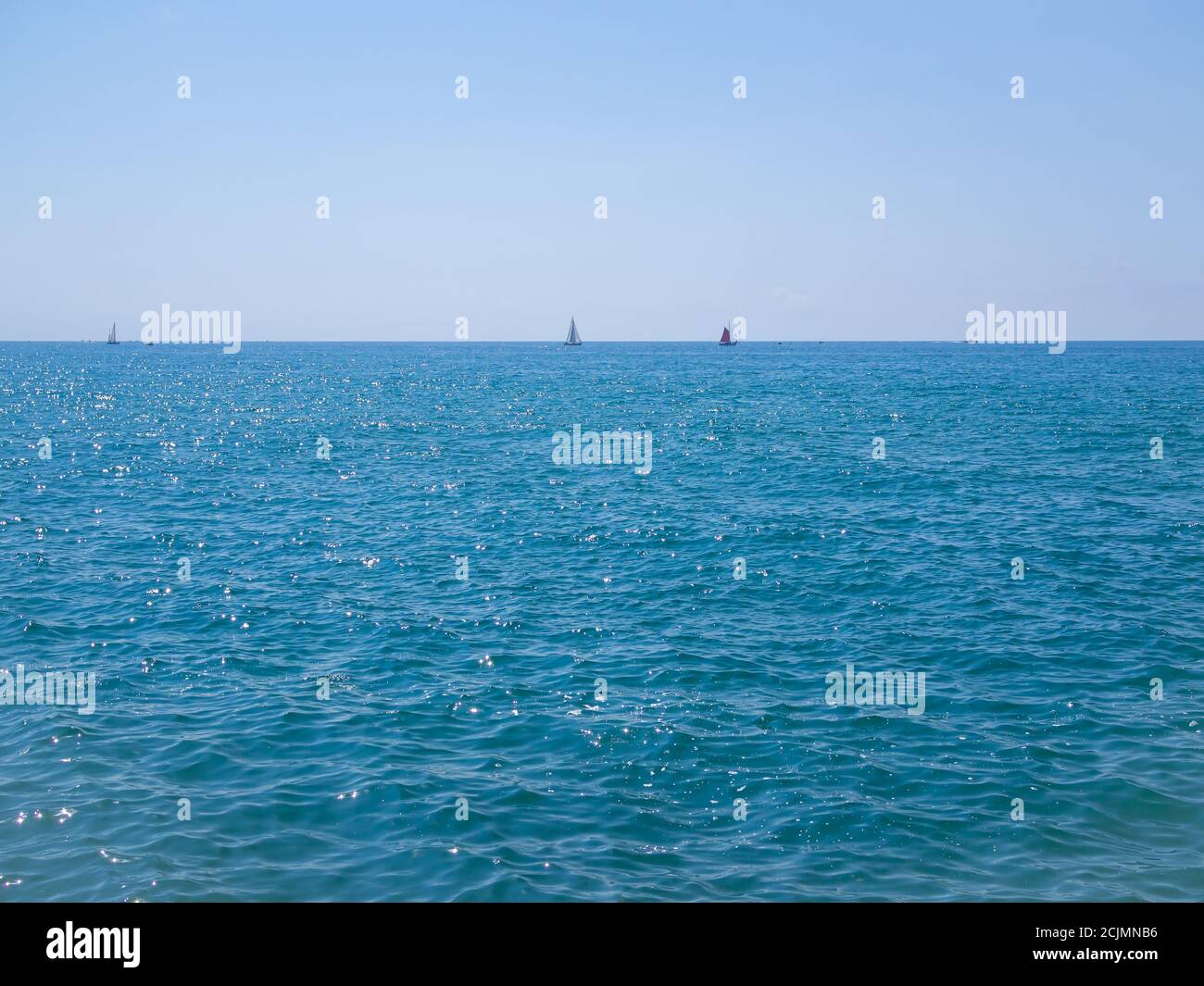 Panoramic view of sea skyline, sails on horizon, minimalistic style ...