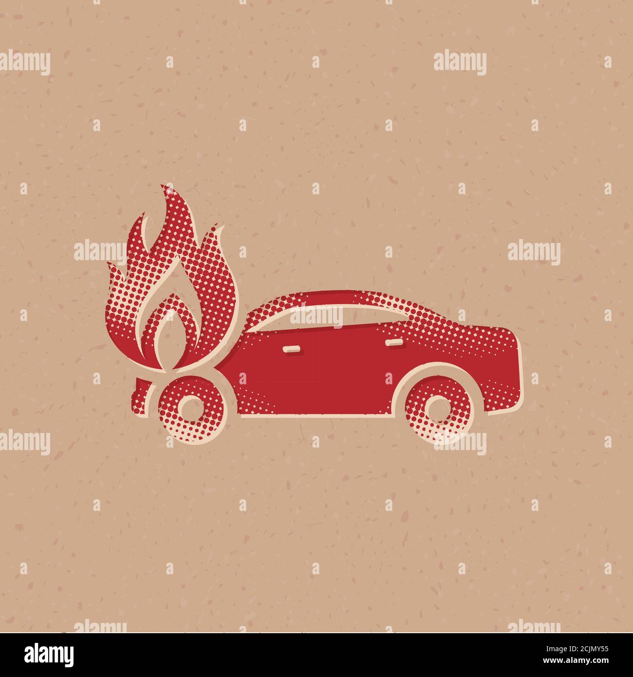 Car on fire icon in halftone style. Grunge background vector ...